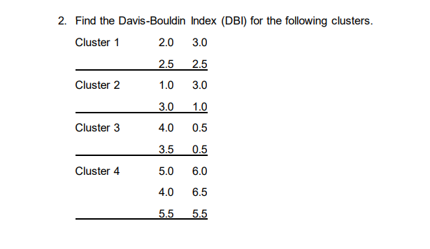 Solved Find the Davis-Bouldin Index (DBI) ﻿for the following | Chegg.com