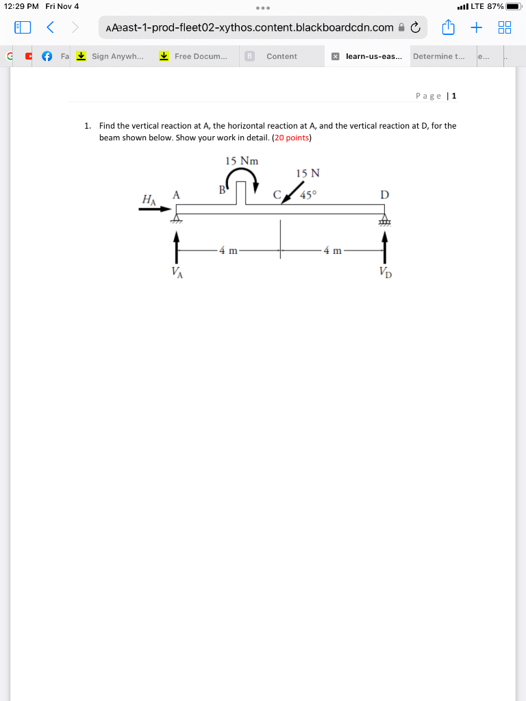 Solved 1. Find the vertical reaction at A, the horizontal | Chegg.com