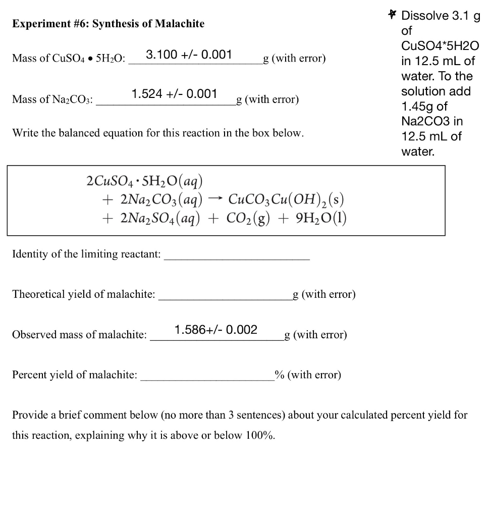 Solved Experiment #6: Synthesis of Malachite Mass of | Chegg.com