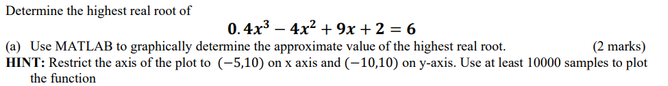 Solved Determine the highest real root of 0.4x3−4x2+9x+2=6 | Chegg.com
