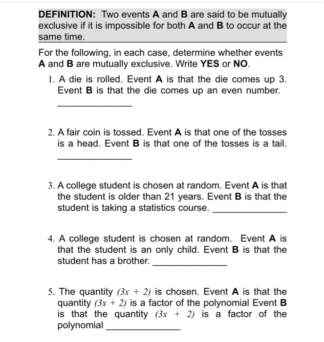 Solved DEFINITION: Two events A and B are said to be | Chegg.com