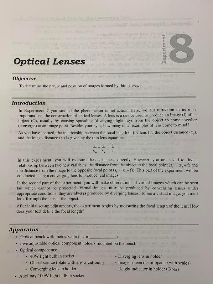 Solved Optical Lenses Experiment the optical bench is 120cm | Chegg.com