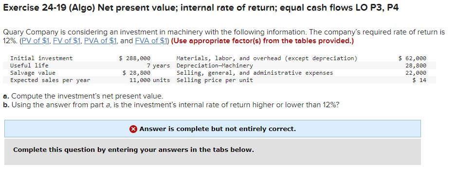 Solved Exercise 24-19 (Algo) Net present value; internal | Chegg.com