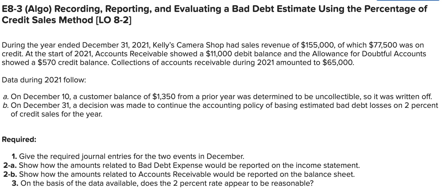 Solved E8-3 (Algo) Recording, Reporting, and Evaluating a | Chegg.com