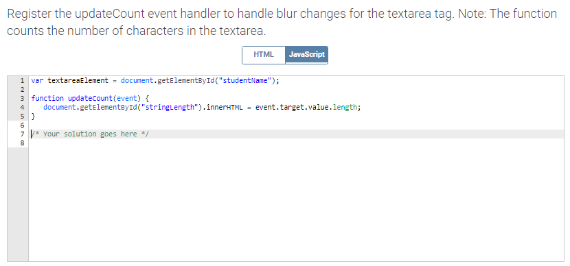 Solved Register the updateCount event handler to handle blur | Chegg.com
