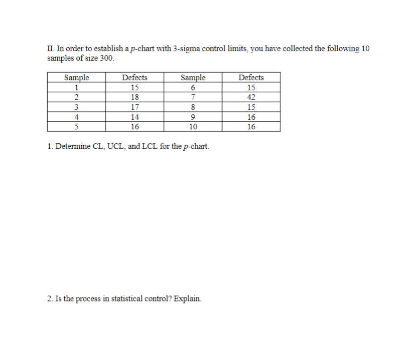 Solved II. In order to establish a p-chart with 3-sigma | Chegg.com