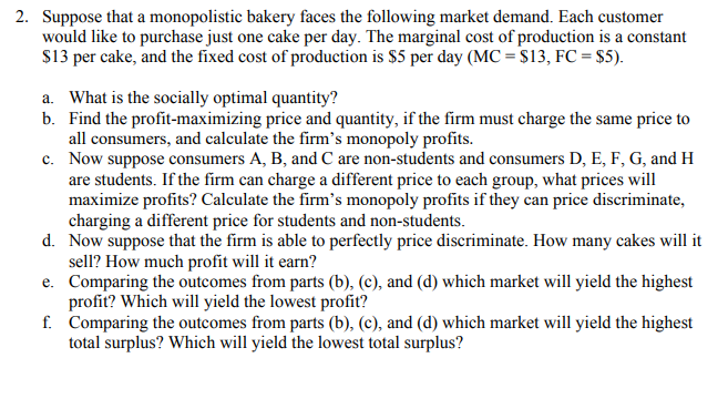 2. Suppose that a monopolistic bakery faces the | Chegg.com
