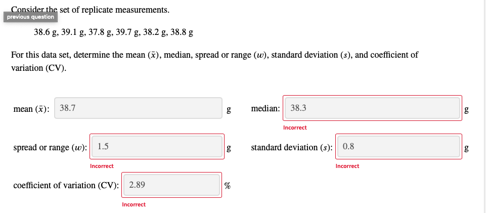 Solved Consider the set of replicate measurements. previous | Chegg.com
