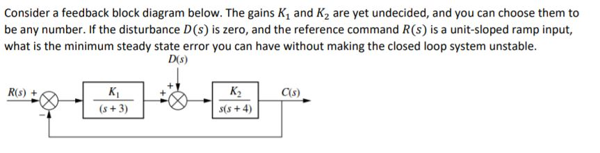 Solved Consider a feedback block diagram below. The gains K, | Chegg.com