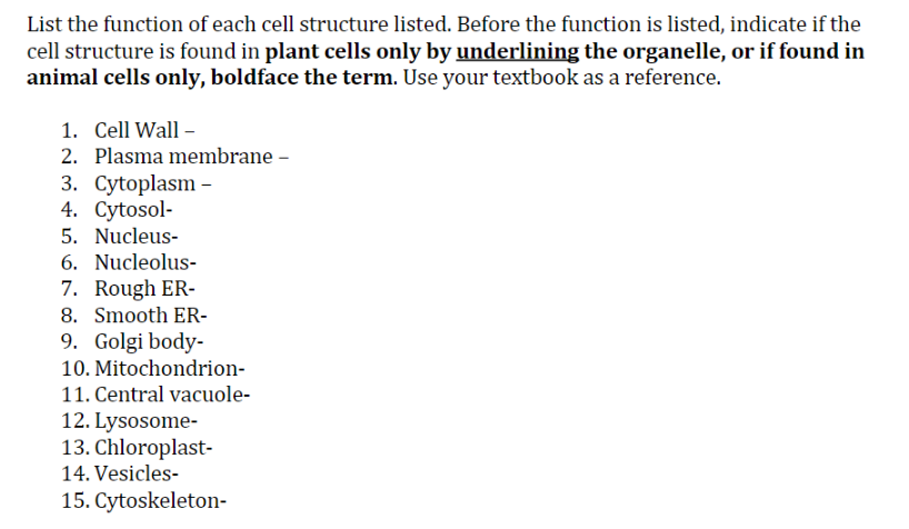 Solved List the function of each cell structure listed. | Chegg.com