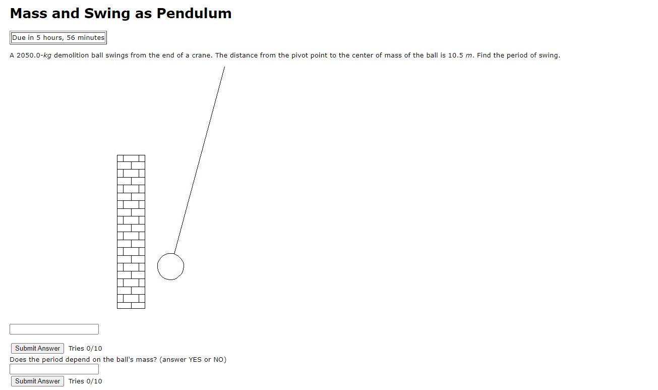 Solved Mass and Swing as Pendulum A 2050.0−kg demolition | Chegg.com