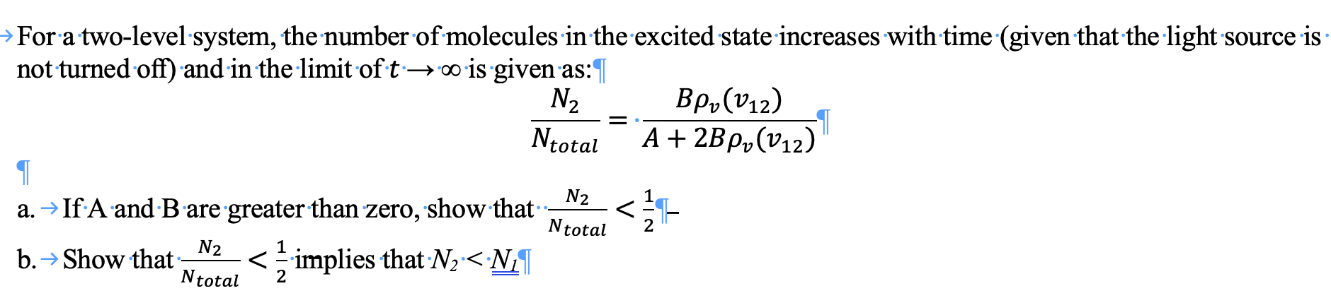 Solved → ﻿For a two-level system, the number of molecules in | Chegg.com