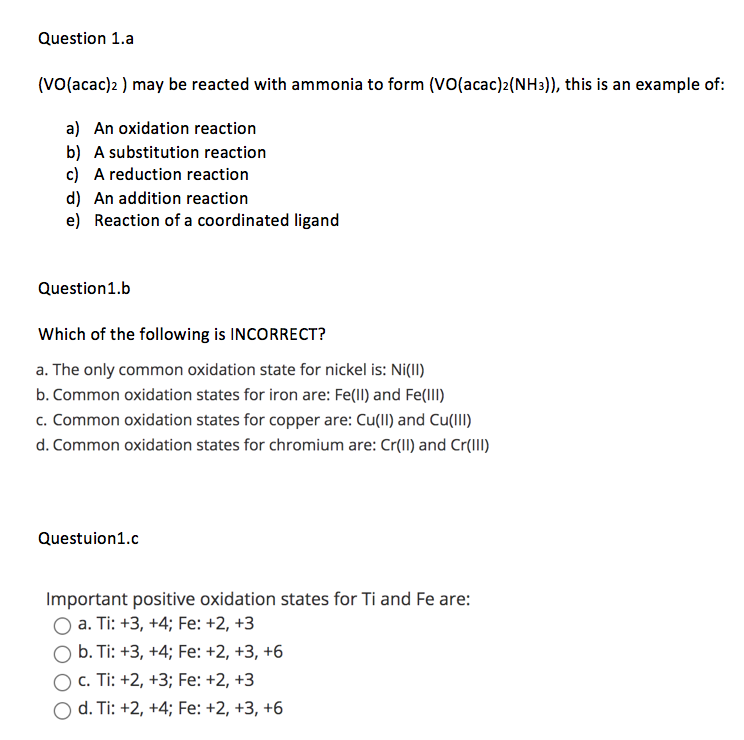 Solved Question 1.a (VO(acac)2 ) may be reacted with ammonia | Chegg.com