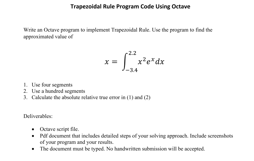 Solved Trapezoidal Rule Program Code Using Octave Write an | Chegg.com