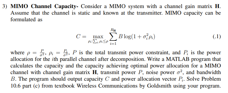 Solved MIMO Channel Capacity- Consider a MIMO system with a | Chegg.com