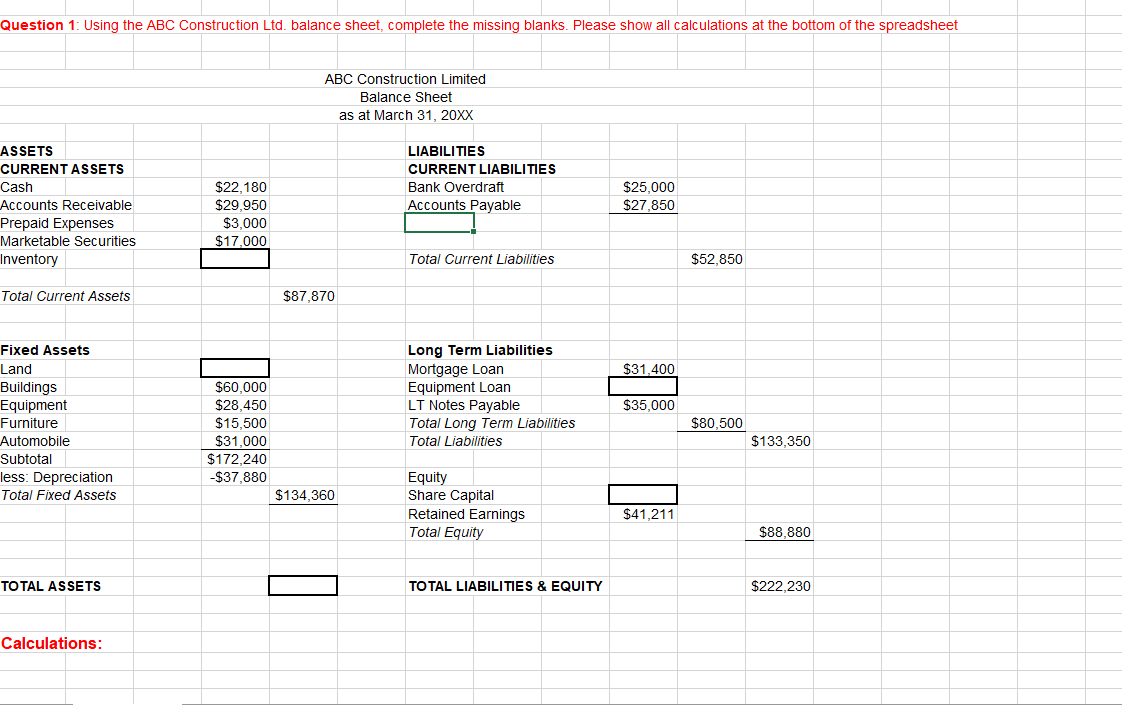 Solved Question 1: Using the ABC Construction Ltd. balance | Chegg.com