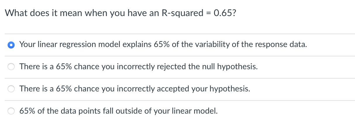 Solved What does it mean when you have an R-squared =0.65? | Chegg.com
