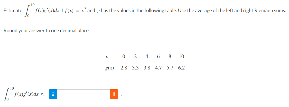 Solved Estimate ∫010f(x)g′(x)dx if f(x)=x2 and g has the | Chegg.com