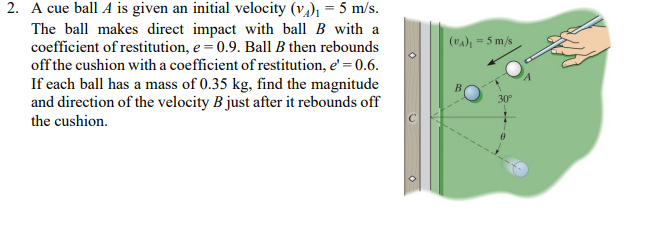 Solved (), 5 m/s 2. A cue ball A is given an initial | Chegg.com