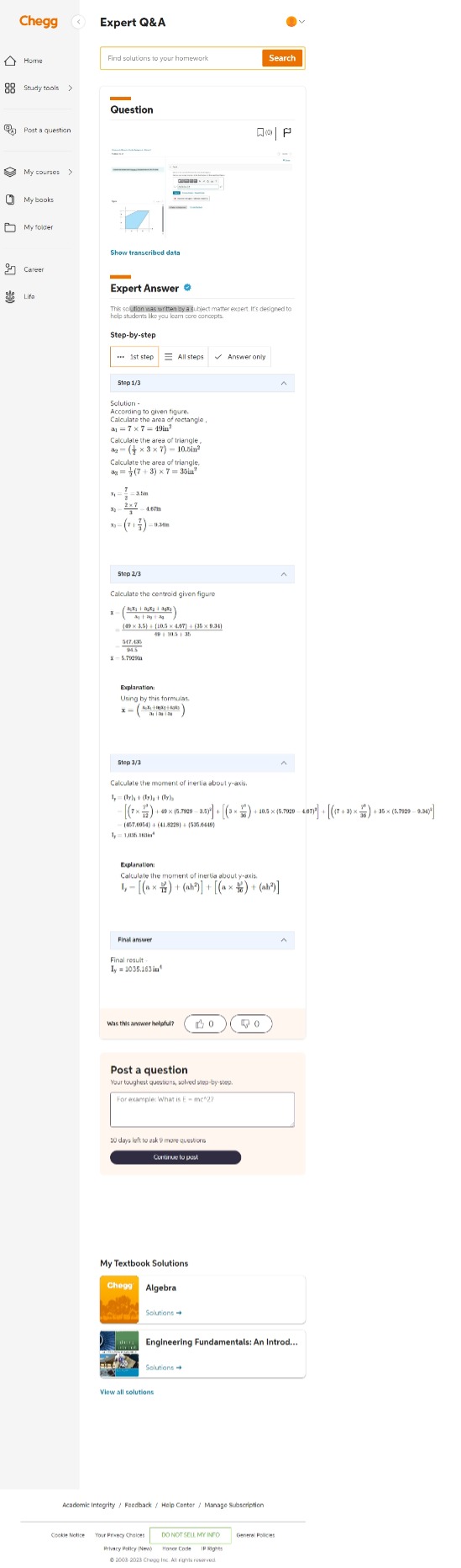 Solved can you please double check this for me Iy=1035.163 | Chegg.com