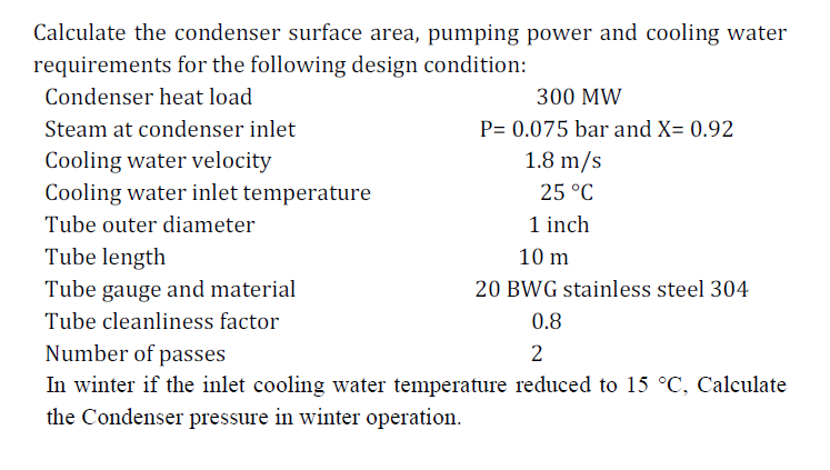 Calculate the condenser surface area, pumping power | Chegg.com