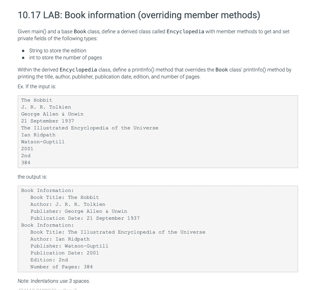 Solved 10.17 LAB: Book information (overriding member | Chegg.com