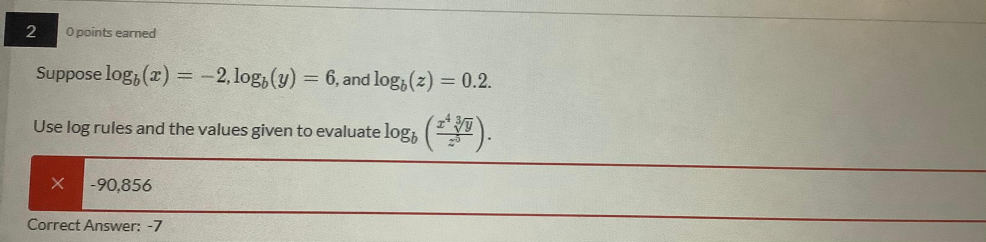 Solved 2 Opoints earned Suppose log: (x) = -2, logo(y) = 6, | Chegg.com