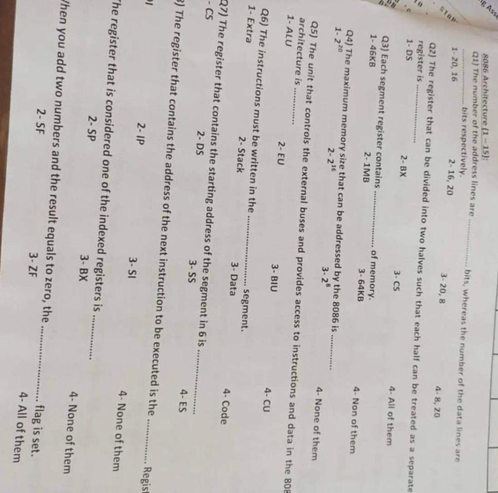Solved 8086 Architecture (1-15): Q1) The number of the | Chegg.com