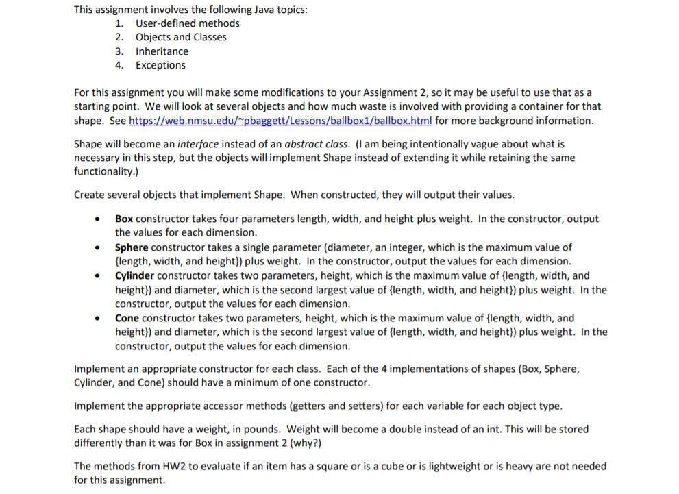 This assignment involves the following Java topics: | Chegg.com