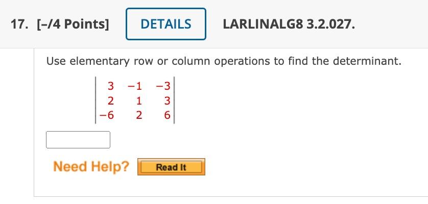 Solved Use elementary row or column operations to find the | Chegg.com