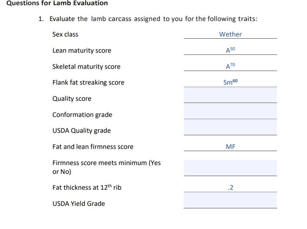Solved Questions for Lamb Evaluation 1. Evaluate the lamb | Chegg.com