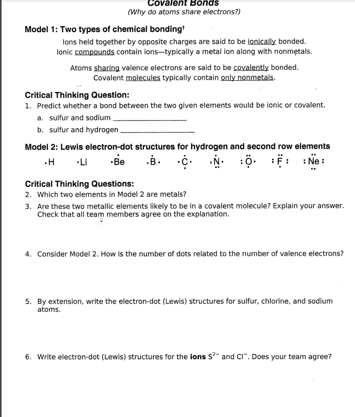 Solved Covalent Bonds (Why do atoms share electrons?) Model | Chegg.com