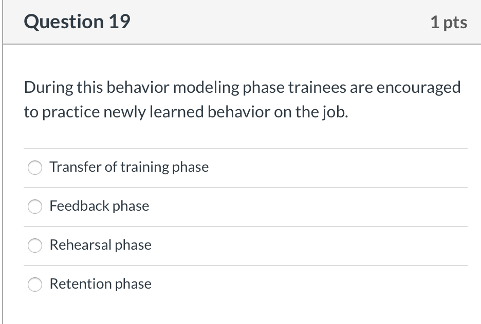 Solved Question 17 1 pts Behavior modeling training is a | Chegg.com
