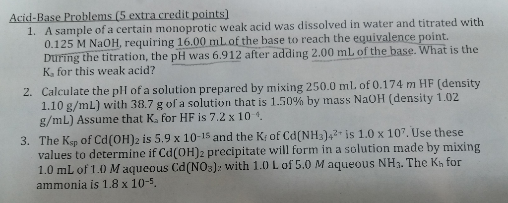 Solved Acid-Base Problems (5 extra credit points) 1. A | Chegg.com