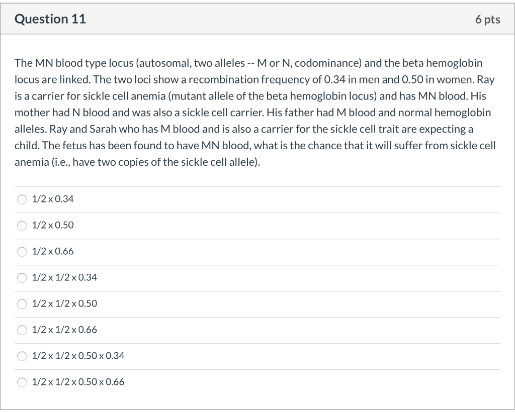 Solved Question 11 6 pts The MN blood type locus (autosomal, | Chegg.com