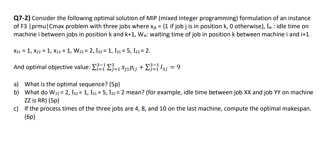 Solved Q7-2) Consider the following optimal solution of MIP | Chegg.com