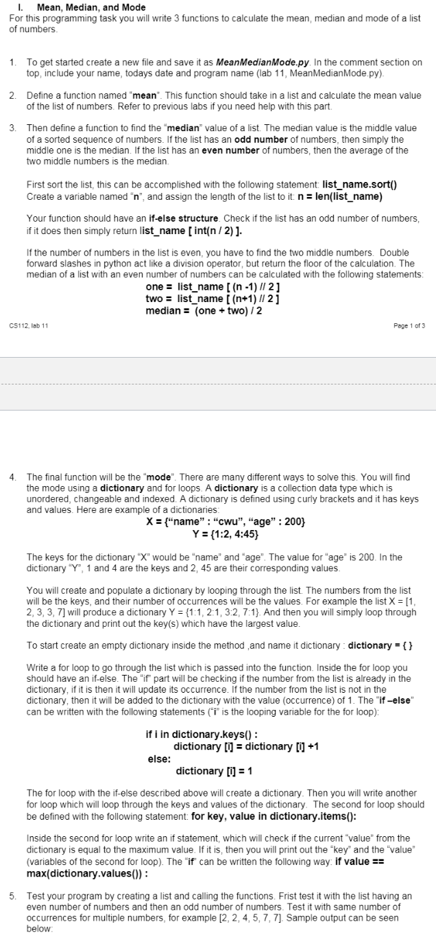 Solved I. Mean, Median, and Mode For this programming task | Chegg.com