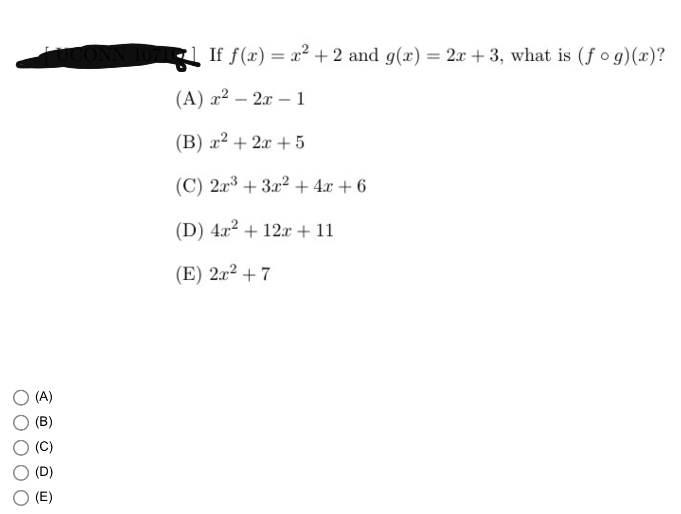 Solved If f(x)=x2+2 and g(x)=2x+3, what is (f∘g)(x) ? (A) | Chegg.com