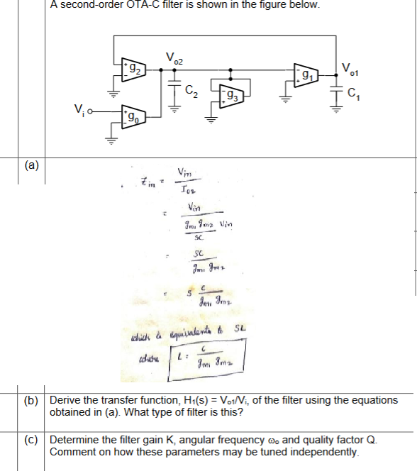 Solved A second-order OTA-C filter is shown in the figure | Chegg.com