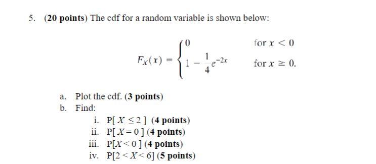Solved 5. (20 points) The cdf for a random variable is shown | Chegg.com