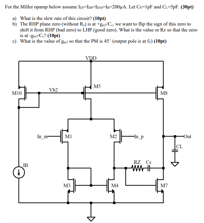 Solved For the Miller opamp below assume | Chegg.com