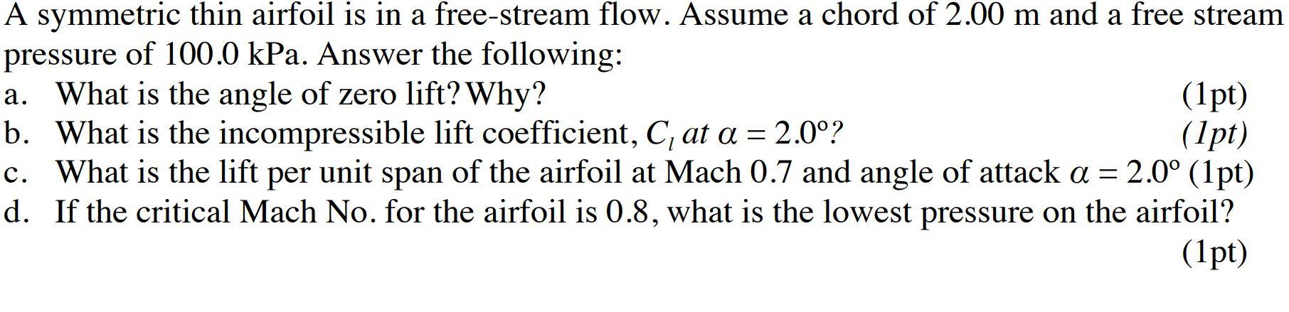 Solved A symmetric thin airfoil is in a free-stream flow. | Chegg.com