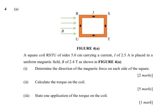 Solved 4 (a) 70 R S B U T FIGURE 4(a) A square coil RSTU of | Chegg.com
