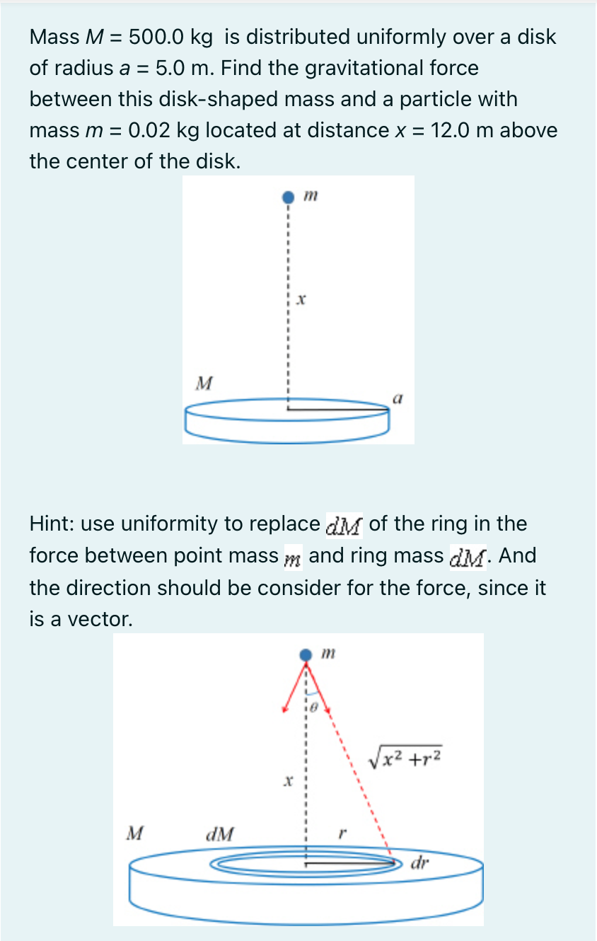 Solved Mass M=500.0 kg is distributed uniformly over a disk | Chegg.com
