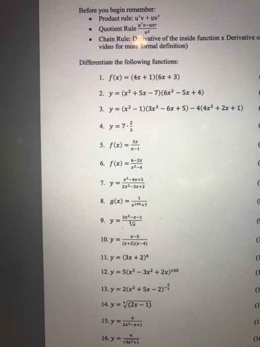 Solved Before you begin remember: . Product rule: u'v+uv | Chegg.com