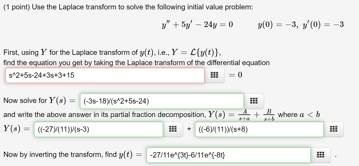 Solved (1 point) Use the Laplace transform to solve the | Chegg.com