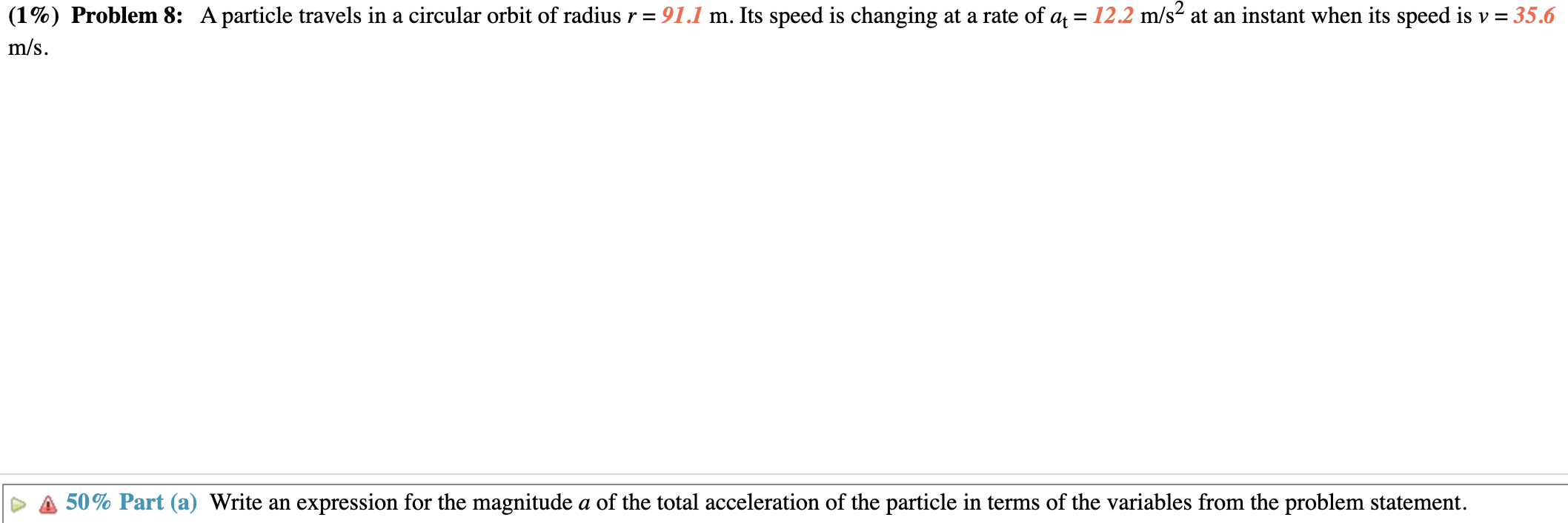 Solved (1%) ﻿Problem 8: A particle travels in a circular | Chegg.com