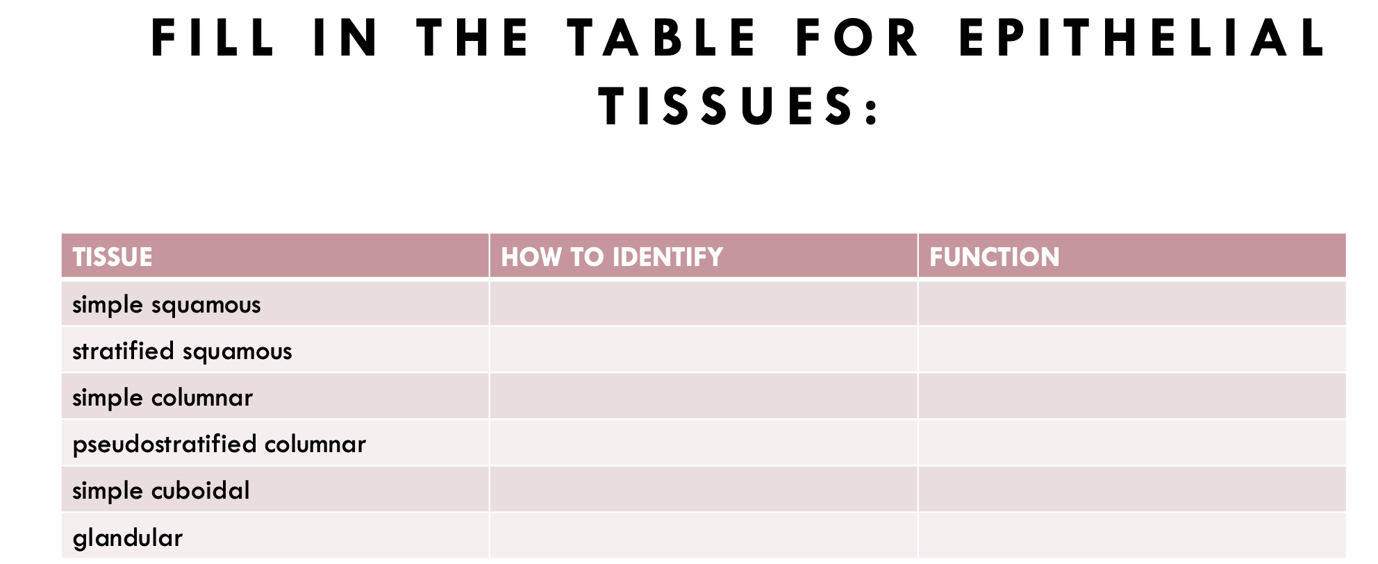 Solved FILL IN THE TABLE FOR EPITHELIAL TISSUES: TISSUE HOW | Chegg.com