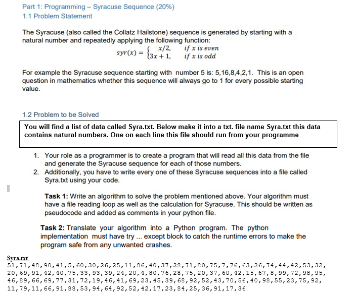 Solved Part 1: Programming - Syracuse Sequence (20%) 1.1 | Chegg.com