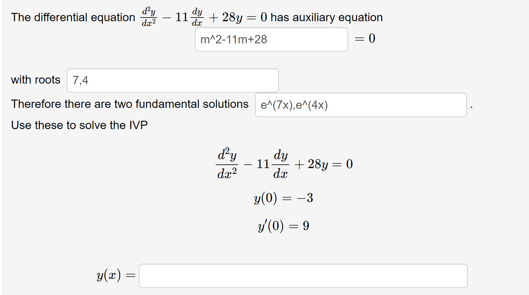 Solved The differential equation dx2d2y−11dxdy+28y=0 has | Chegg.com